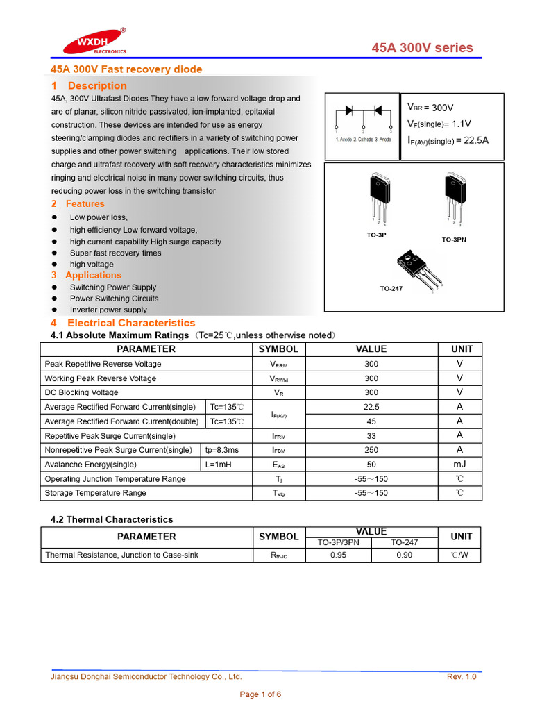 45A 300V Fast Recovery Diode Datasheet | PDF | Diode | Rectifier