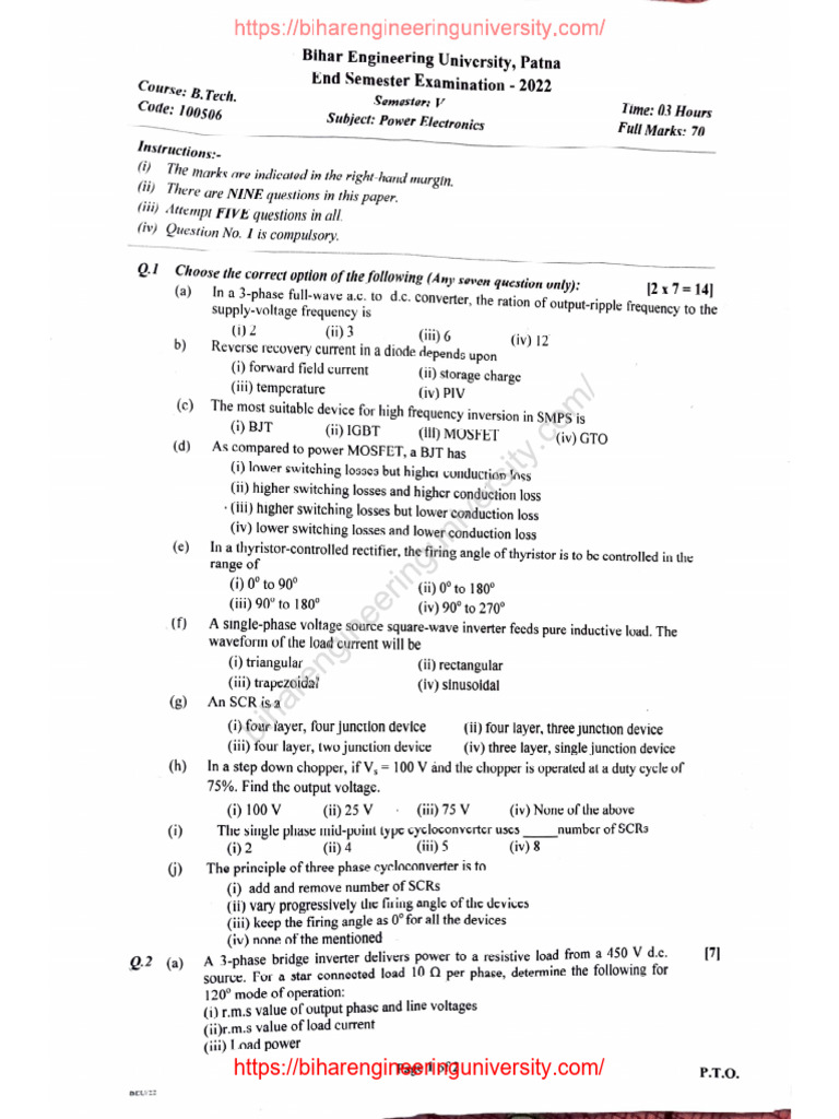 BEU PYQ EE 5 SEM Power Electronics 100506 2022 | PDF