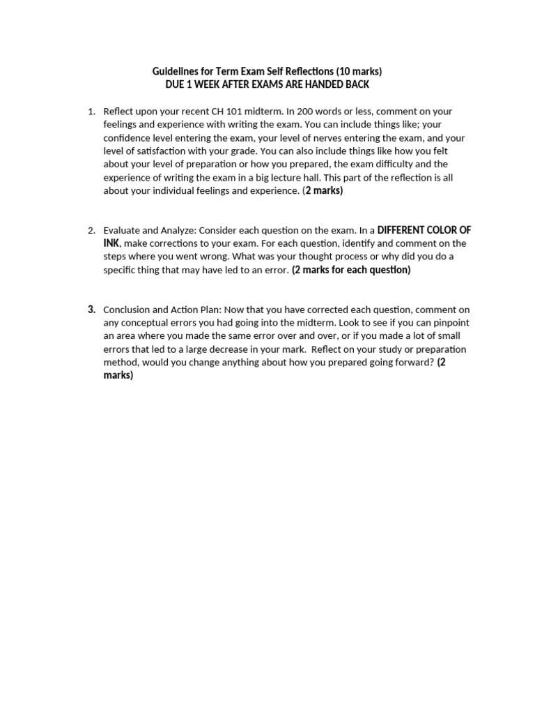 Guidelines For Term Exam Self Reflections | PDF