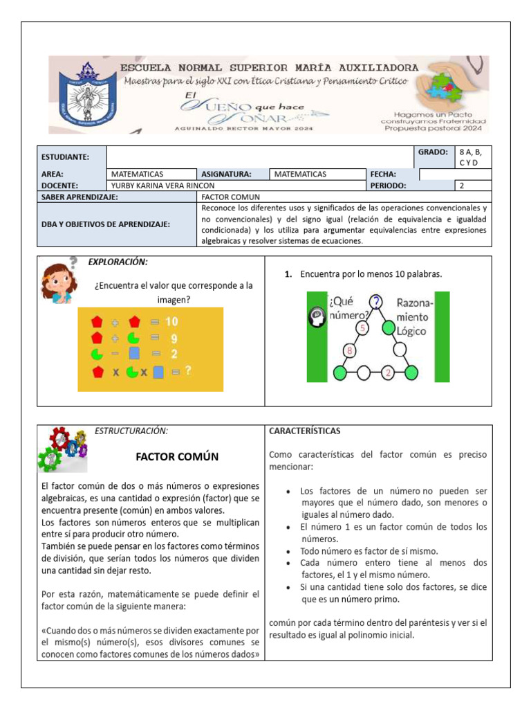 Factor Común en Matemáticas 8º Grado | PDF | Matemática Elemental ...