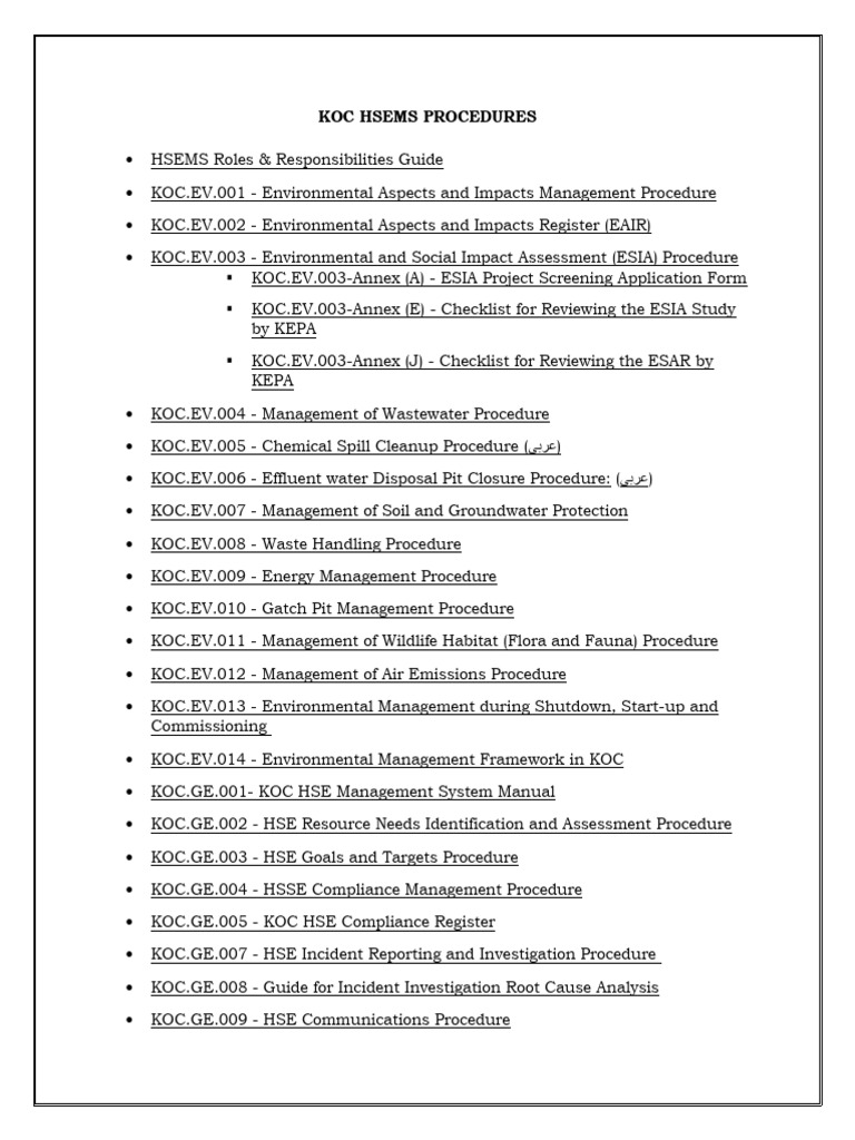1.0 Koc Hsems Procedures - List | PDF | Occupational Safety And Health ...