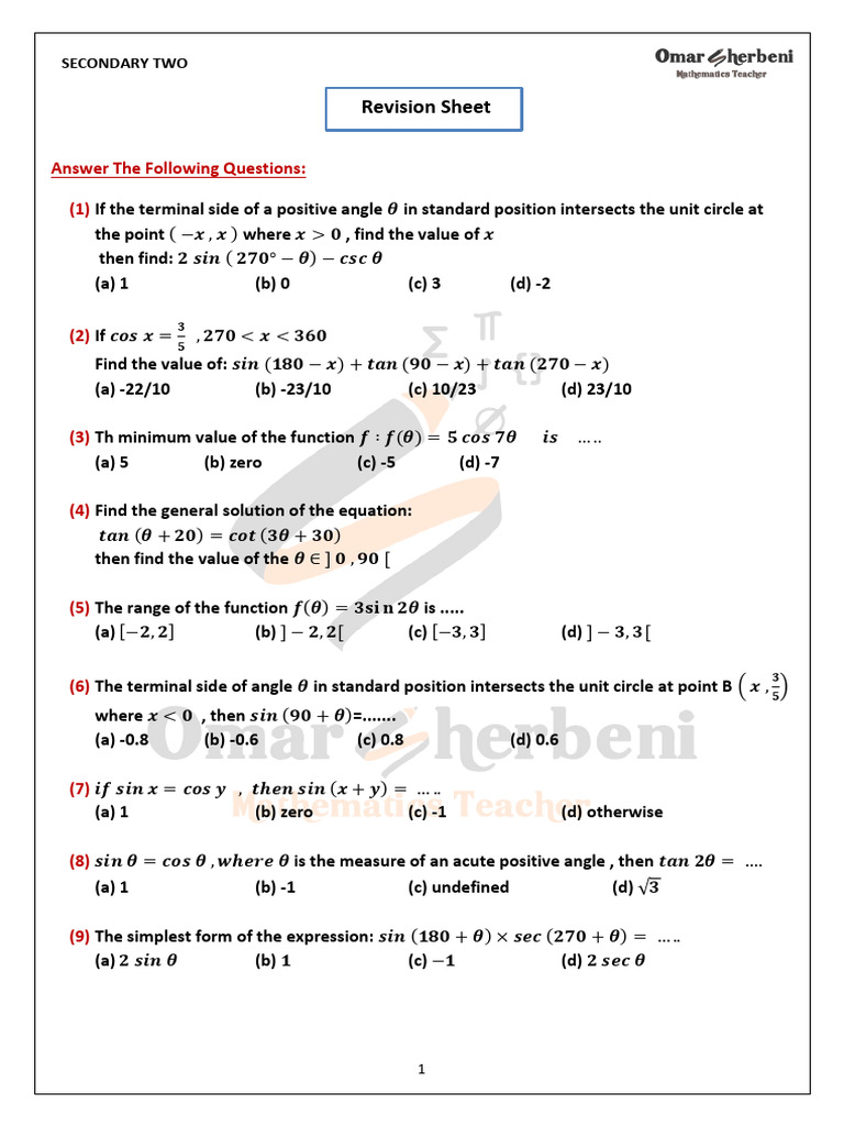 56580_REvision Sheet 2 (1) | PDF | Trigonometric Functions | Circle