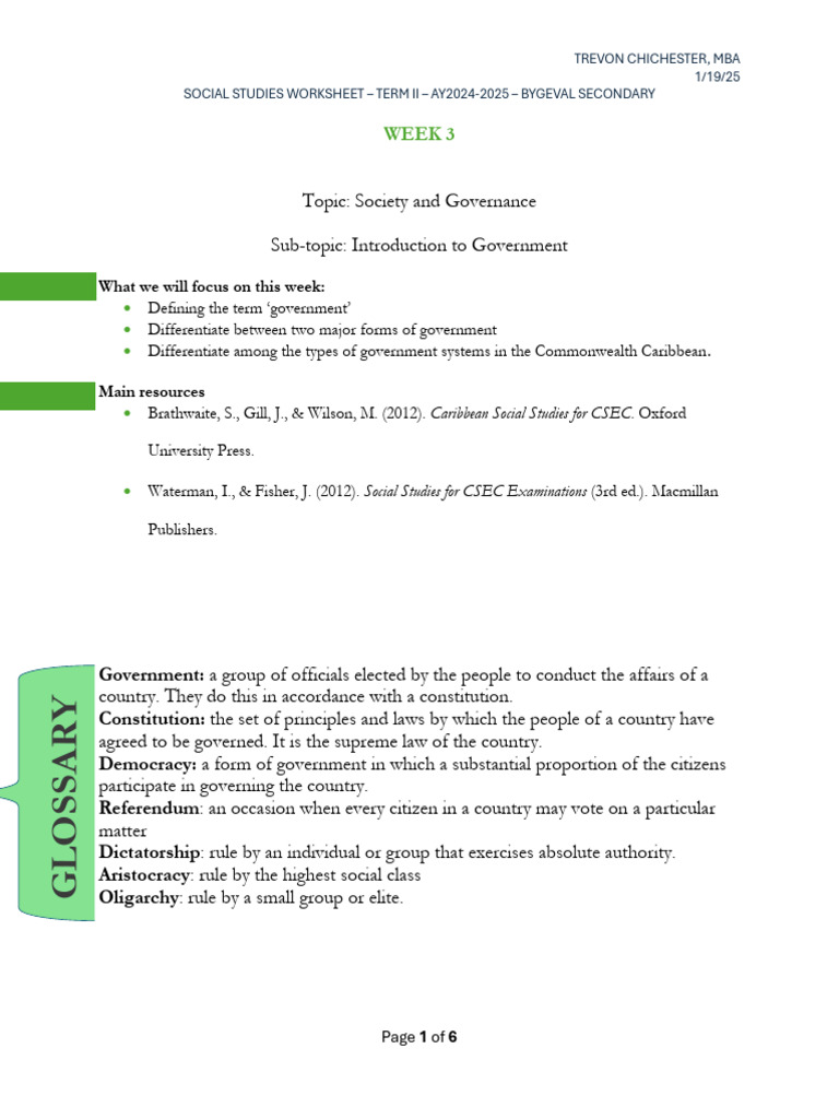 Week 3 - Social Studies - Intro To Govt | PDF | Republic | Democracy