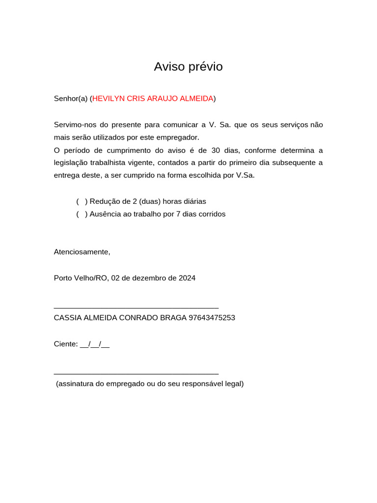 Modelo Aviso Previo Empregador | PDF