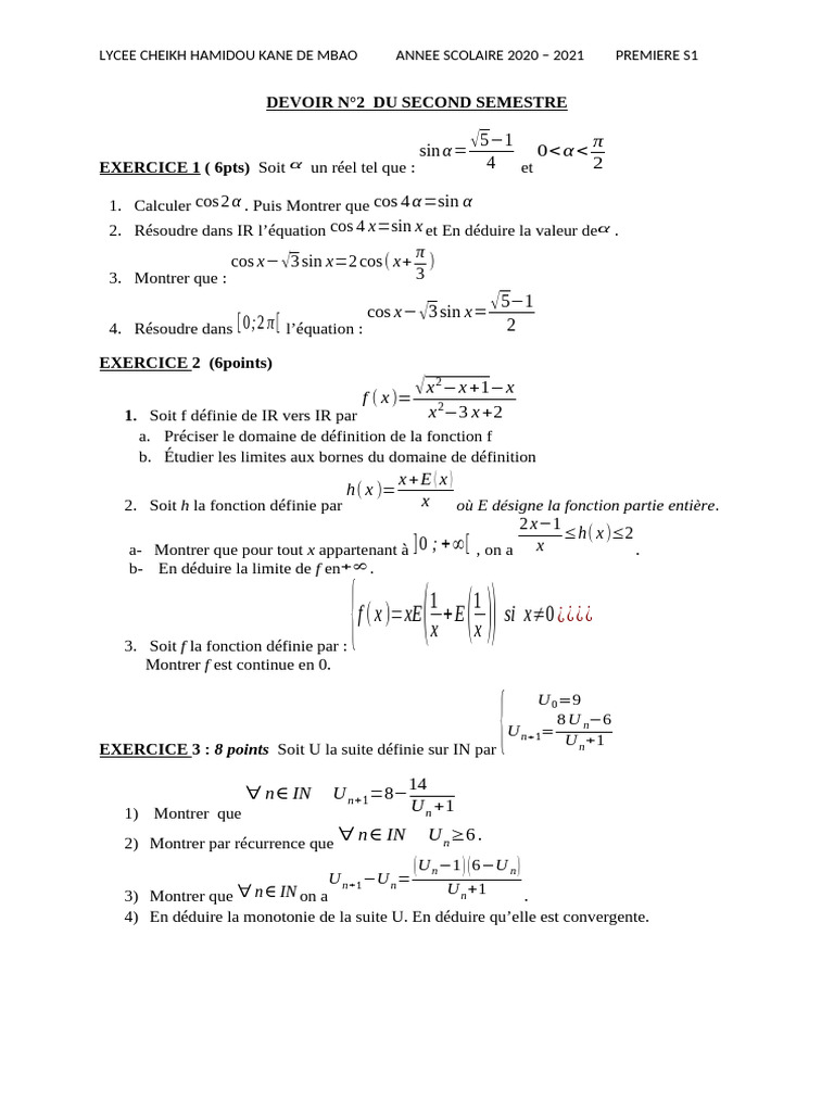DEVOIR N°2 Second Semestre 1s1 | PDF