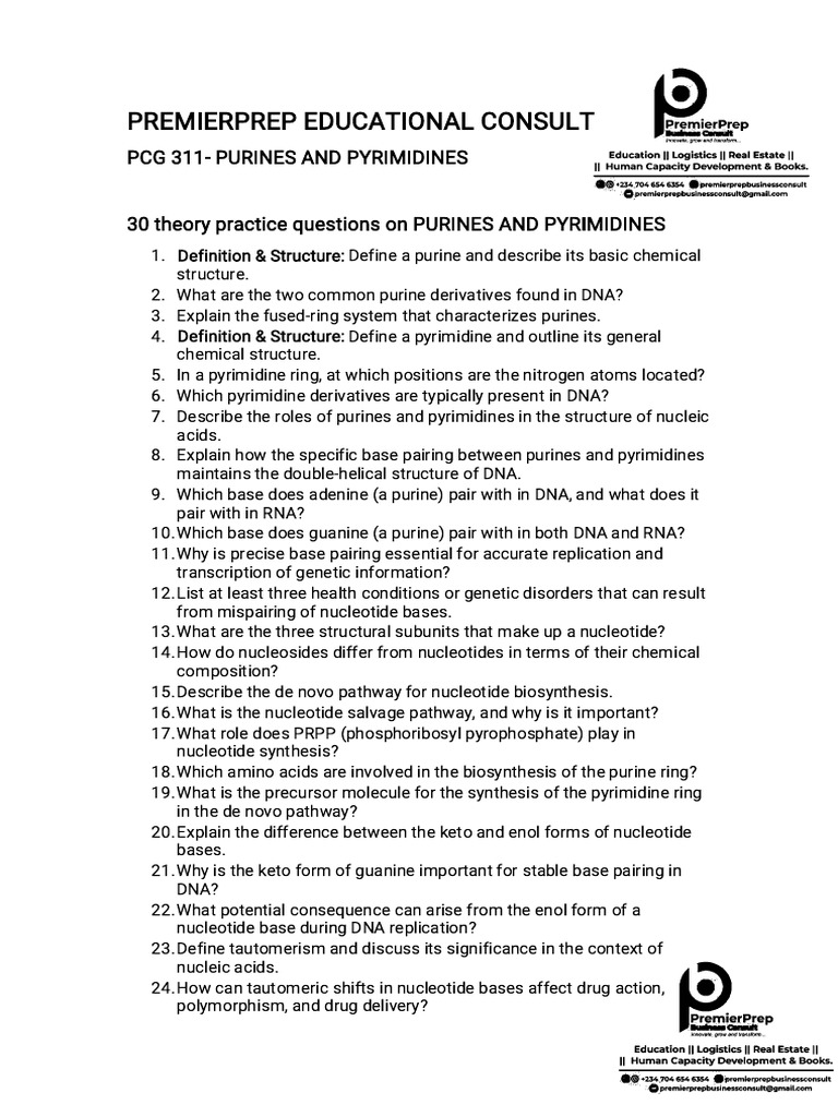 PCG 311 - PURINES AND PYRIMIDINES SAQs | PDF | Nucleotides | Biosynthesis