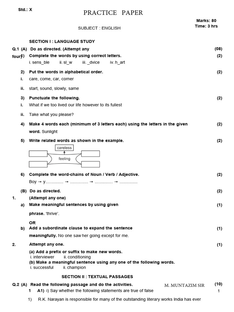 English Language Study Practice Paper | PDF | Word | Sentence (Linguistics)