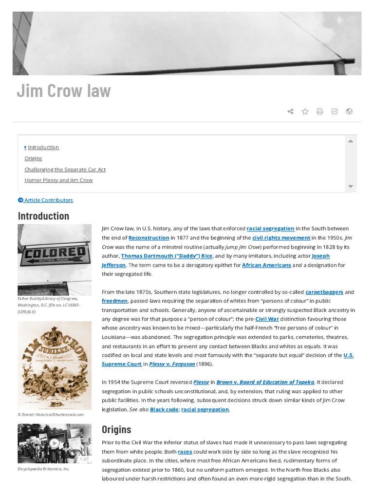 History of Jim Crow Laws in America | PDF | Jim Crow Laws | Society Of ...