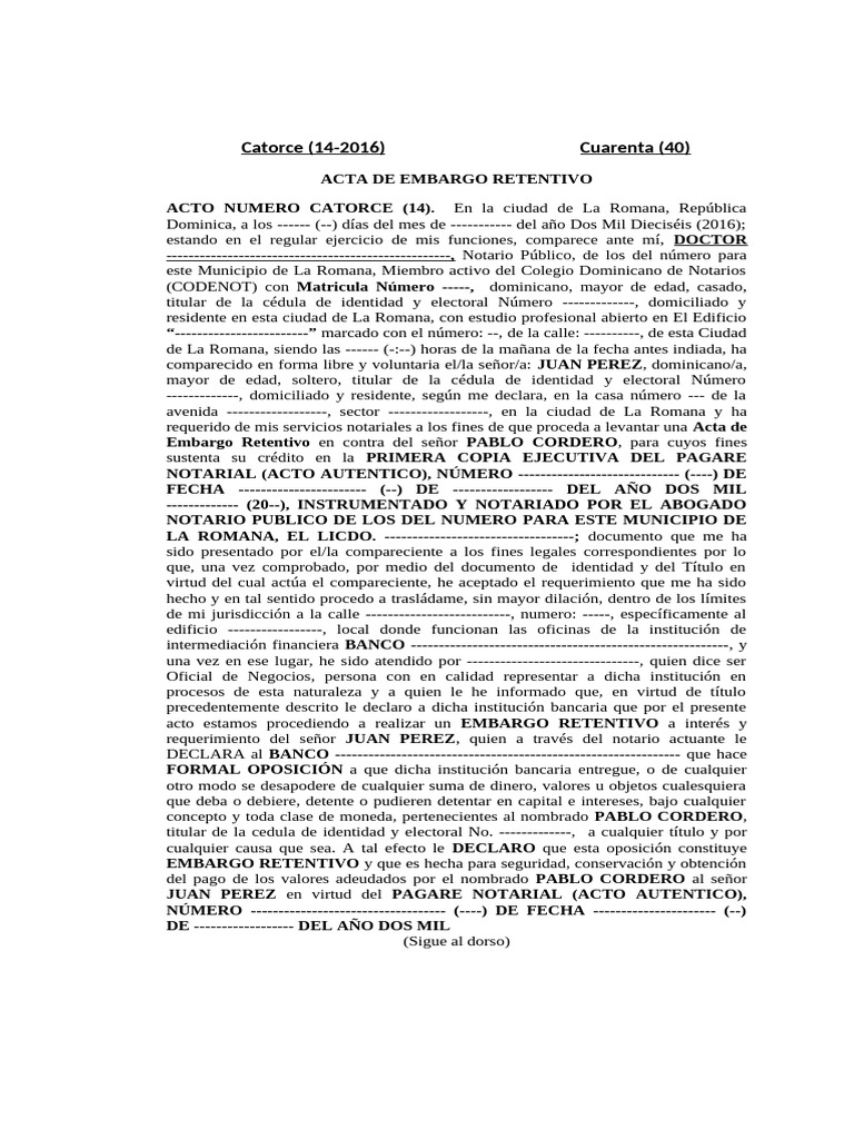 Acta de Embargo Retentivo (Modelo) | PDF | Bancos