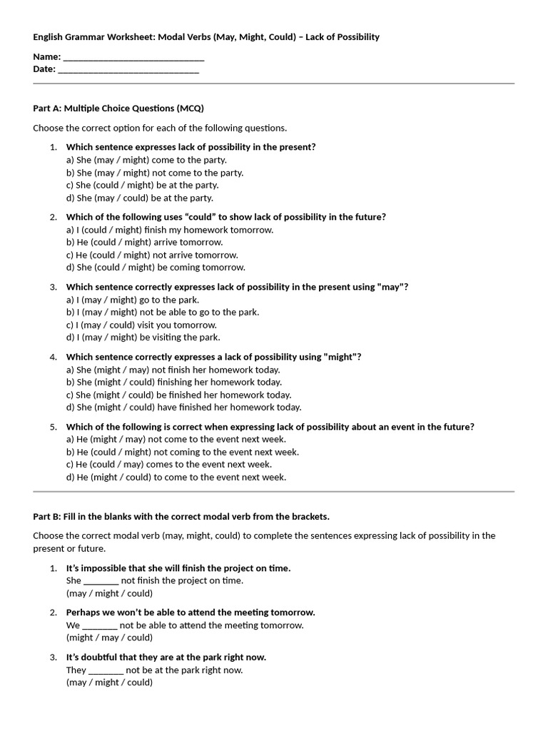 May Might Could PDF Multiple Choice English Grammar