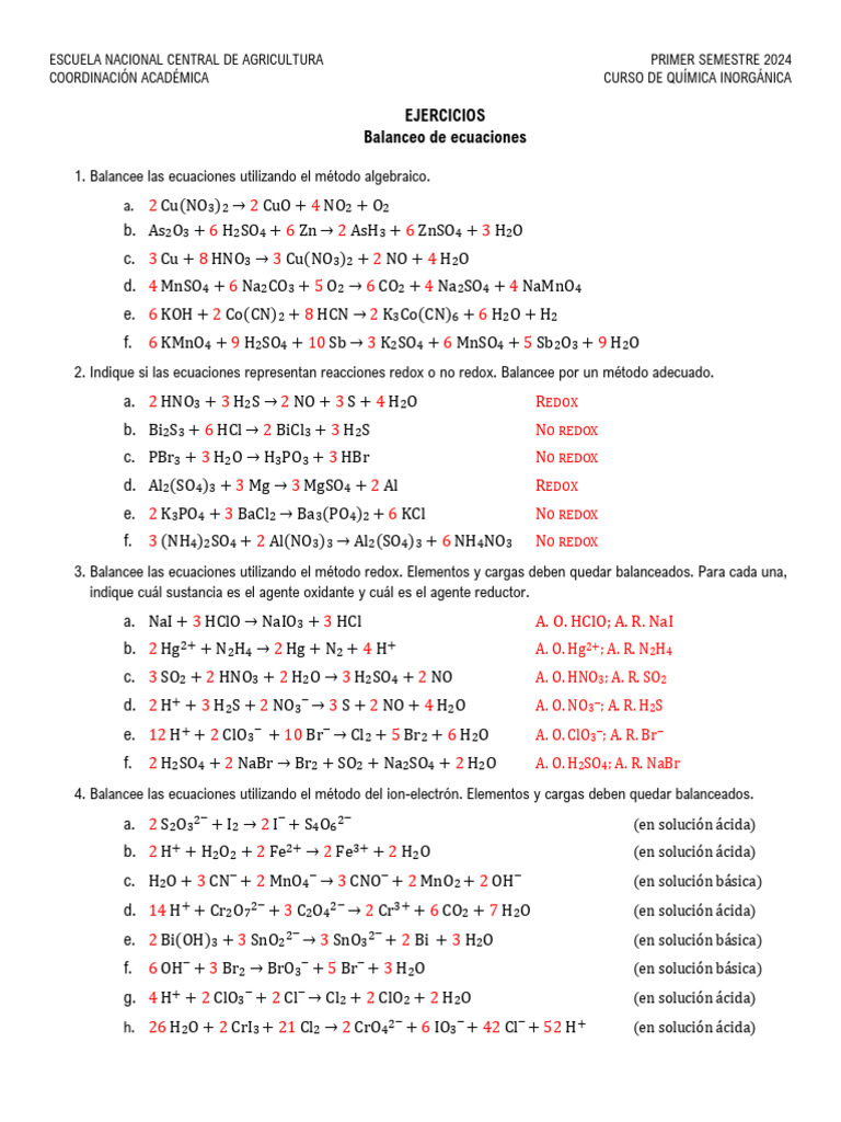 Hoja de Trabajo 7 - Balanceo de Ecuaciones Químicas (Con Respuestas) | PDF | Redox | Ingeniería ...