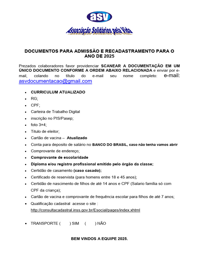 Documentos Para Admissão 2025 Pdf