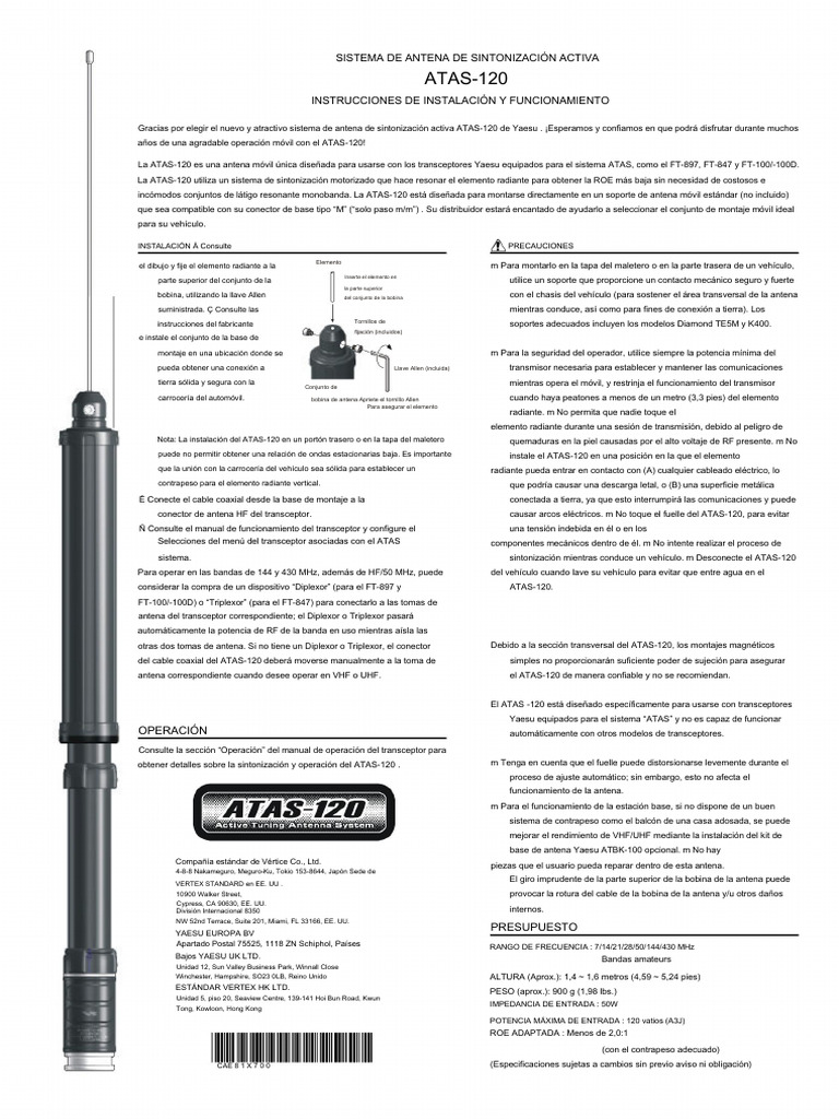 Instrucciones ATAS-120 de Yaesu | PDF | Antena (Radio) | Conector eléctrico