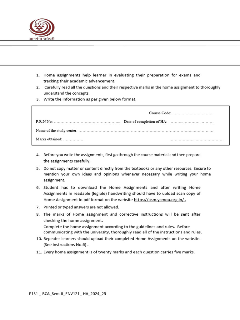 P131 - BCA - Sem-II - ENV121 - HA - 2024 - 25 | PDF