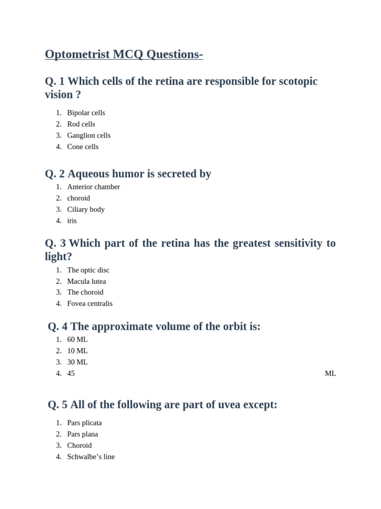 Optometrist 2 Sample Paper | PDF | Cornea | Retina