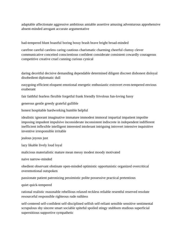 Comprehensive Personality Traits List | PDF
