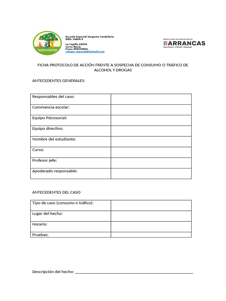 Ficha Protocolo Sospecha Consumo de Drogas | PDF
