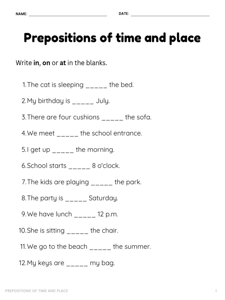Prepositions of Time and Place Exercises | PDF