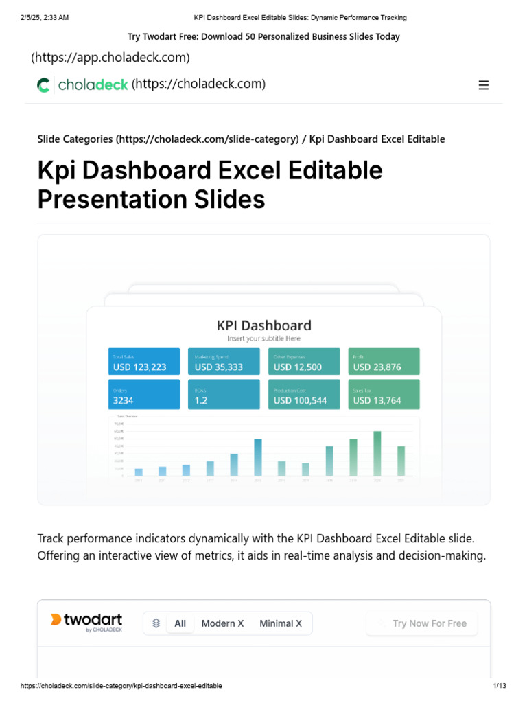 KPI Dashboard Excel Editable Slides_ Dynamic Performance Tracking | PDF ...