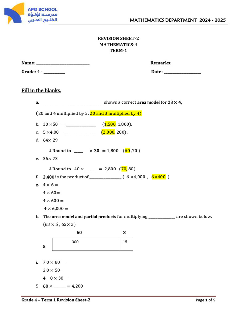 Grade 4 Math Revision Sheet 2024-2025 | PDF | Mathematics