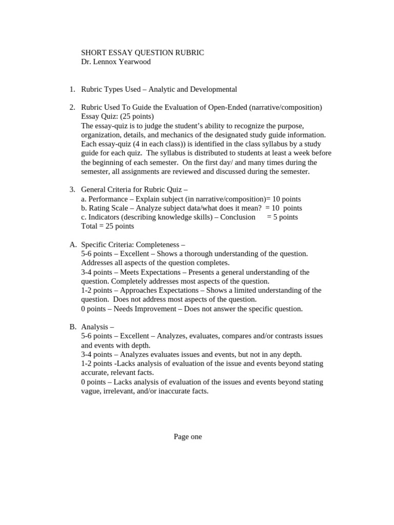Rubric Short Essay Question | PDF | Essays | Evaluation