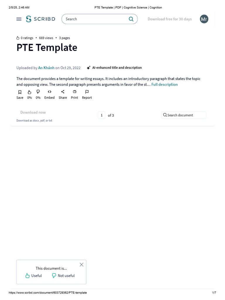 PTE Essay Writing Template Guide | PDF | Scribd | Digital Technology
