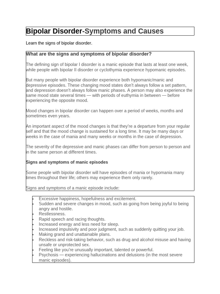Bipolar Disorder: Symptoms & Causes Explained | PDF | Mania | Bipolar ...