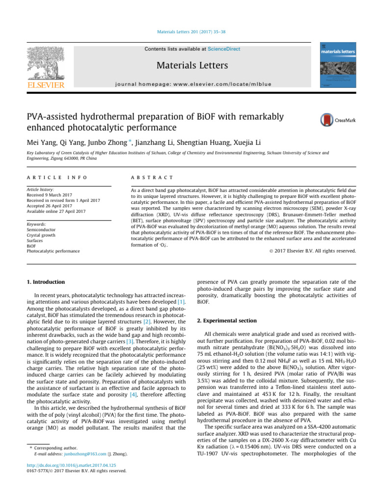 PVA-assisted hydrothermal preparation of BiOF with remarkably | PDF | Scanning Electron ...