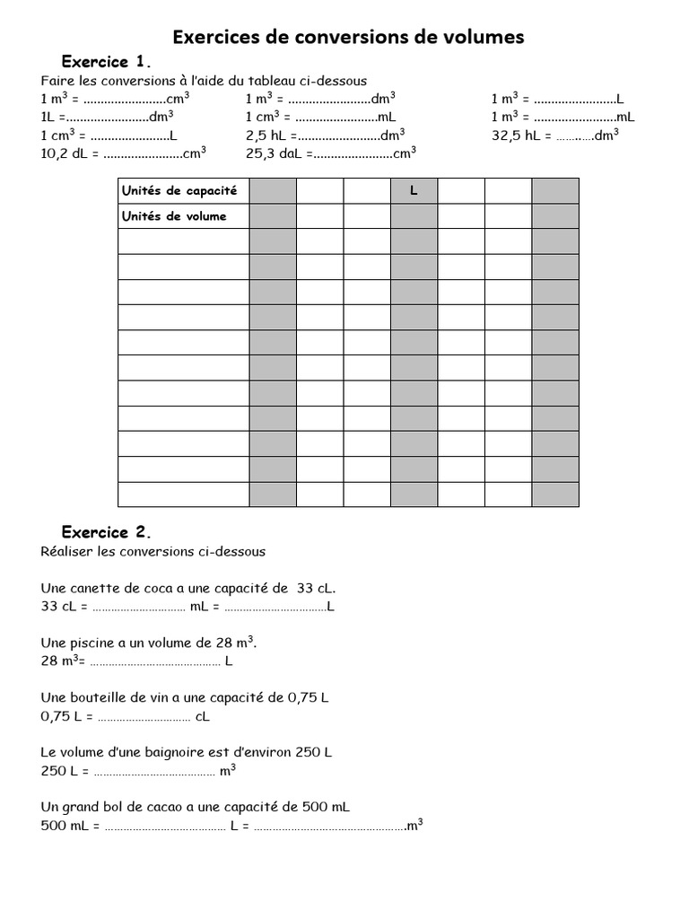 Exercices de conversion de volumes | PDF