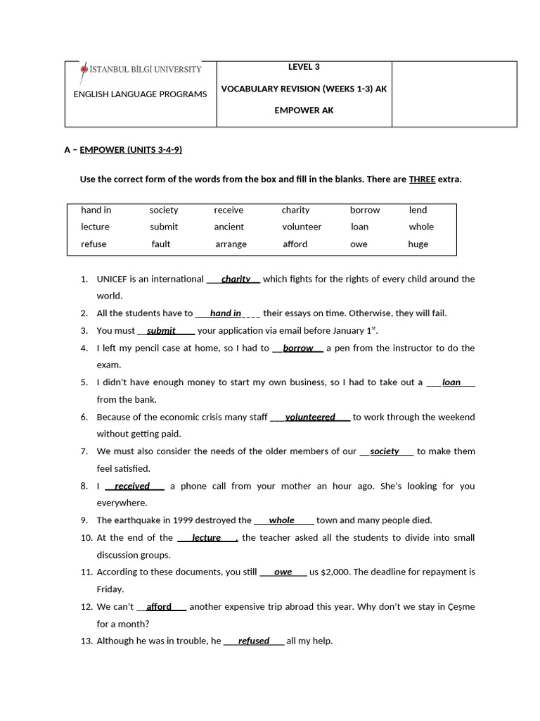 Vocabulary Revision for English Level 3 | PDF
