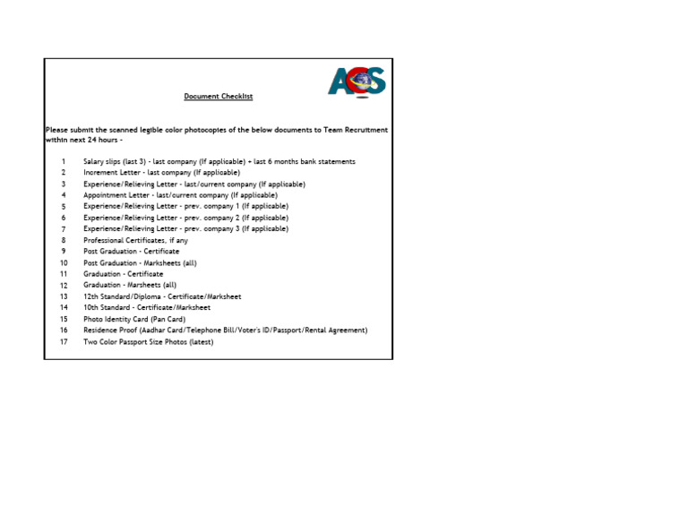 Documents Checklist - ACS | PDF