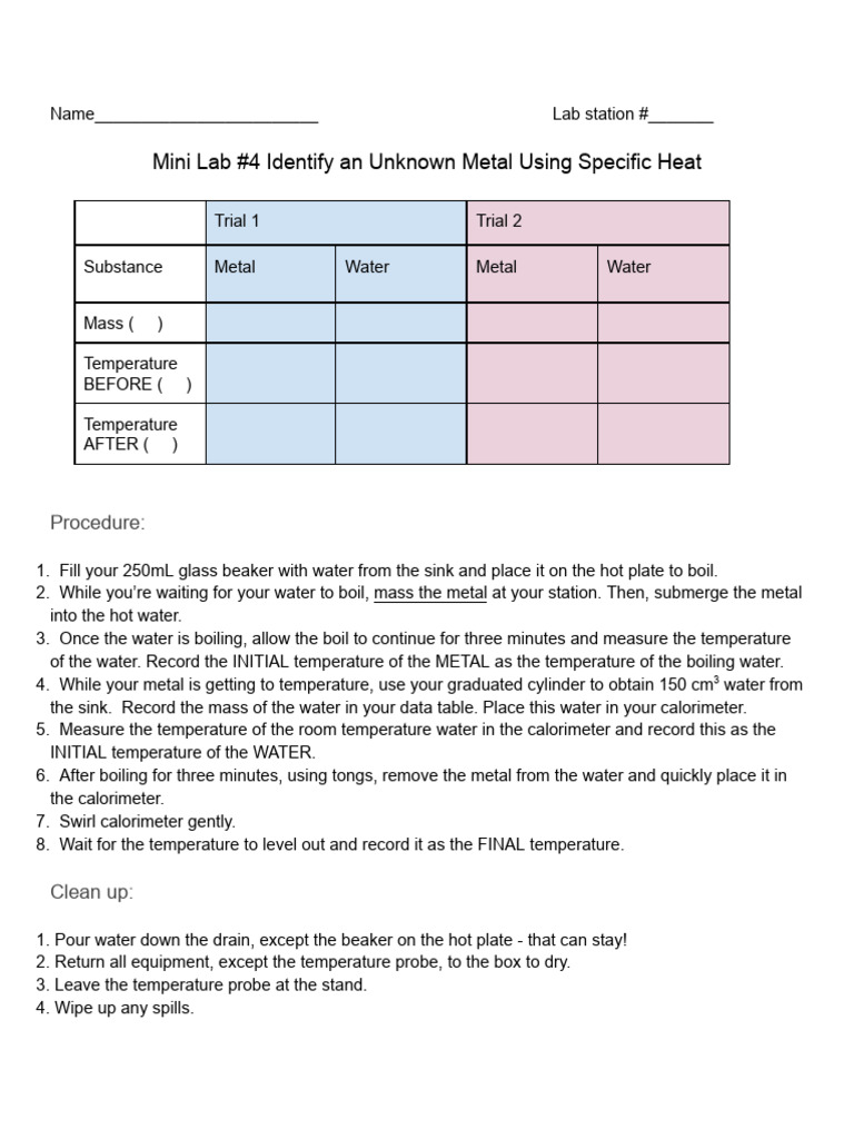 Identify Unknown Metal via Specific Heat | PDF | Water | Temperature