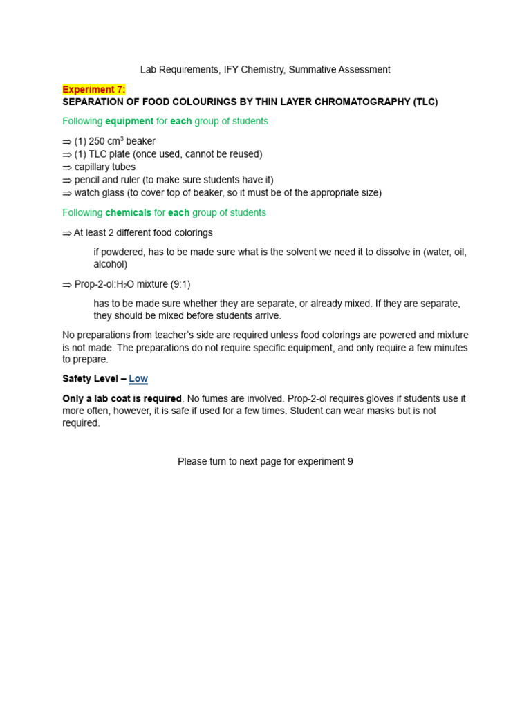 Lab Requirements - IfY Chemistry Summative Assessment | PDF | Thin Layer Chromatography | Materials