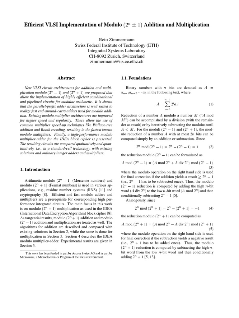 Efficient VLSI Implementation of Modulo Addition and Multiplication | PDF | Numbers | Discrete ...