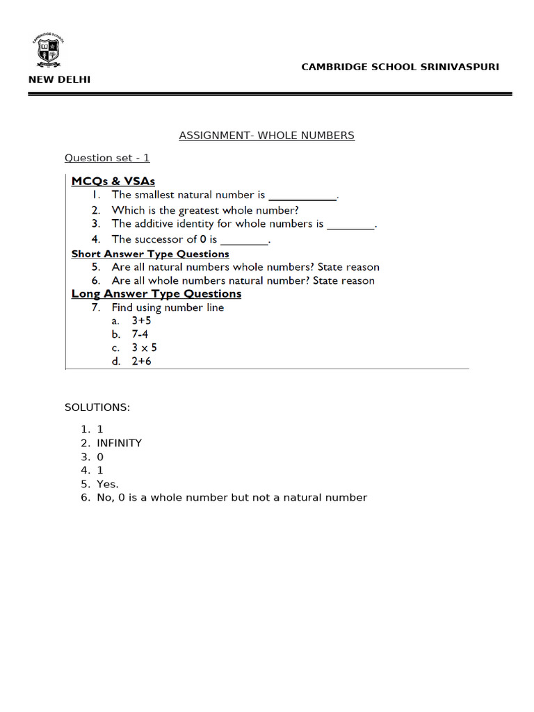 Assignment on Whole numbers | PDF