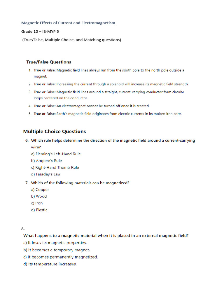 Magnetic Effects of Current and Electromagnets Worksheet | PDF