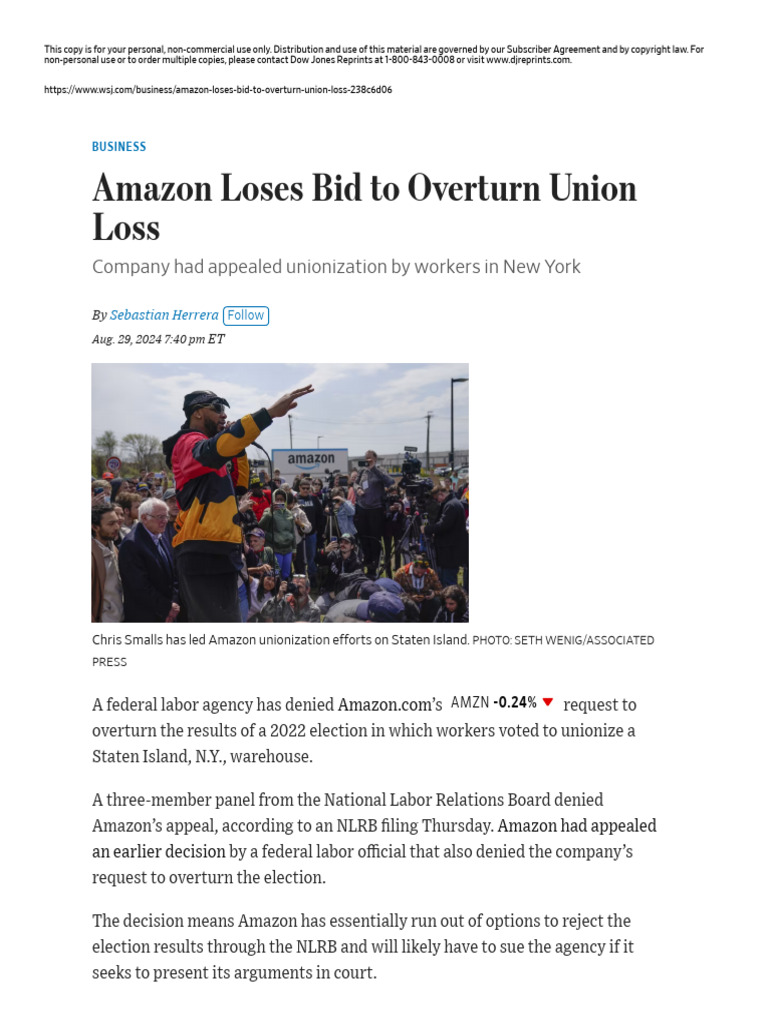 Amazon Loses Bid To Overturn Union Loss - WSJ | PDF | Labor Relations | Labor