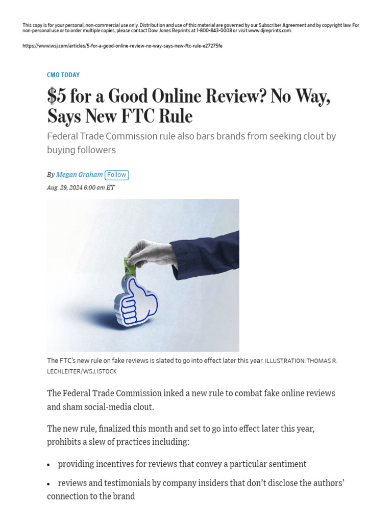 $5 For A Good Online Review - No Way, Says New FTC Rule - WSJ | PDF ...