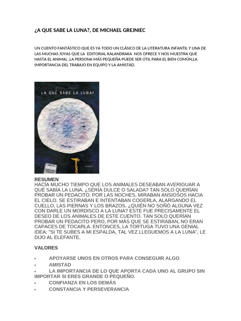 ¿A qué sabe la luna? - Cuento infantil | PDF
