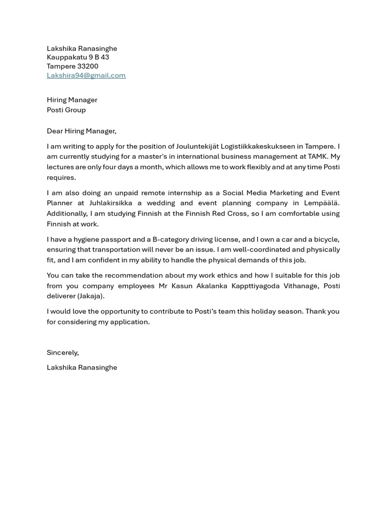 Application For Posti - Lakshika Ranasinghe | PDF | Business