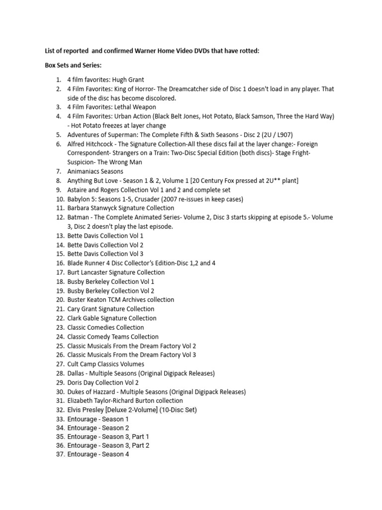 Master List of Rotted Warner Home Video DVDs | PDF