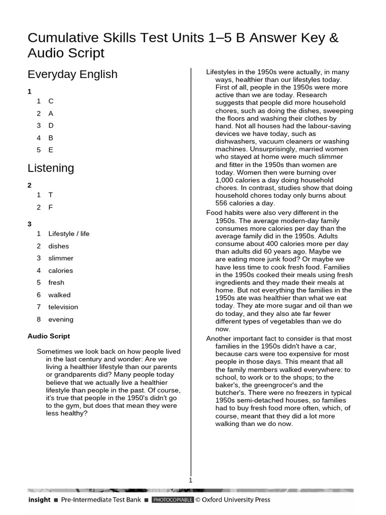 Cumulative Skills Units 1–5 B Answer Key + Audio Script | PDF | Eating Behaviors Of Humans ...
