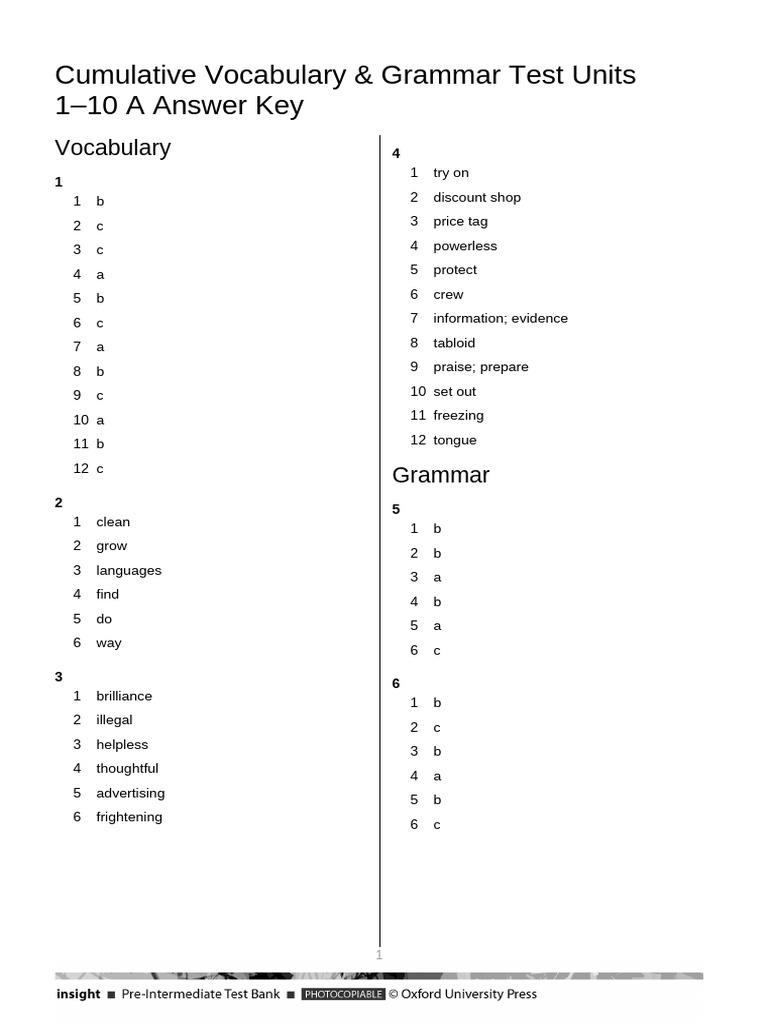 Cumulative Vocabulary + Grammar Units 1-10 A Answer Key | PDF