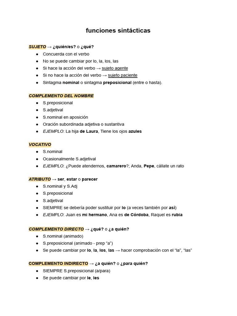 Castellano - Funciones Sintácticas | PDF | Asunto (gramática) | Verbo