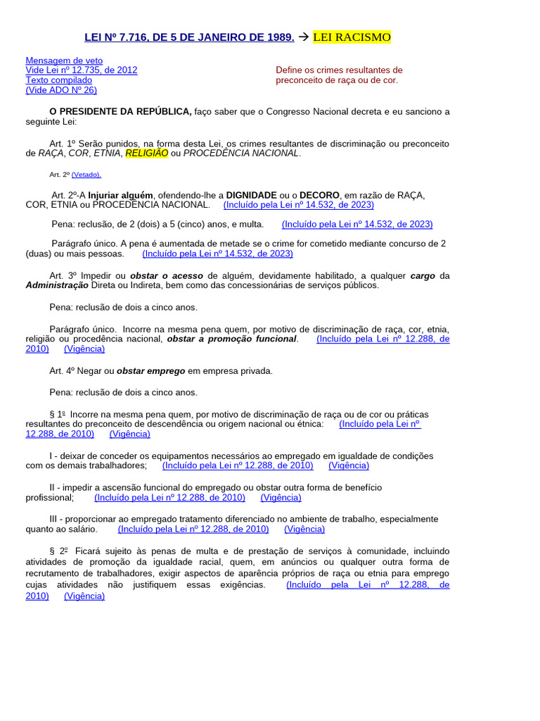 Lei 7716 - Crimes Resultantes de Preconceito de Raça Ou de Cor | PDF ...