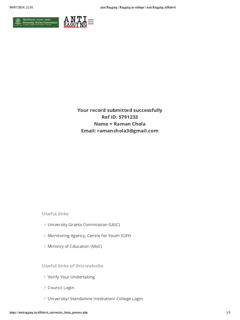 Anti Ragging - Ragging in College - Anti Ragging Affidavit | PDF ...