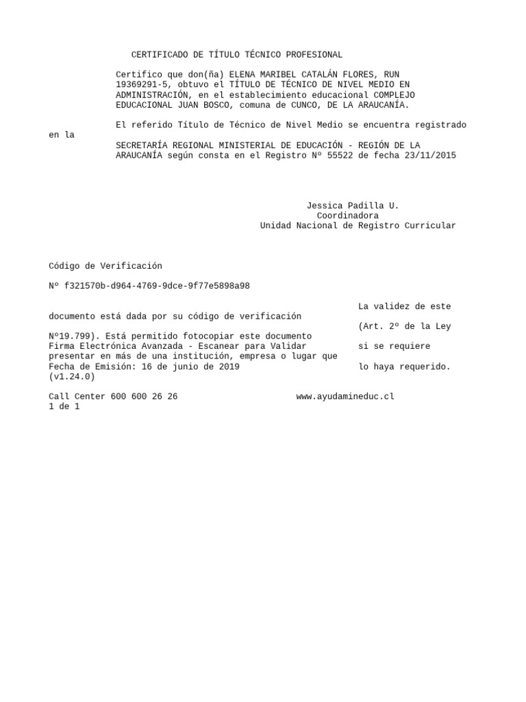 Certificado de Titulo Tecnico Profesional | PDF