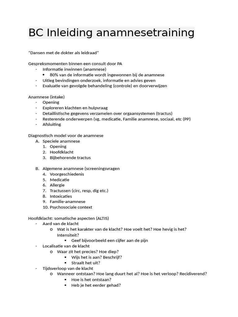 BC Inleiding Anamnesetraining | PDF