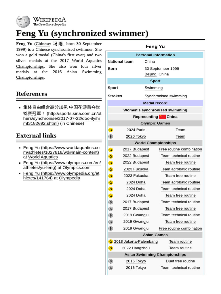 Feng Yu (Synchronized Swimmer) | PDF | Summer Sports | Water Sports