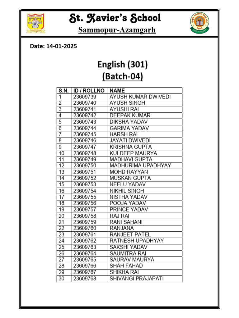 St. Xavier's School English Batch 04 List | PDF